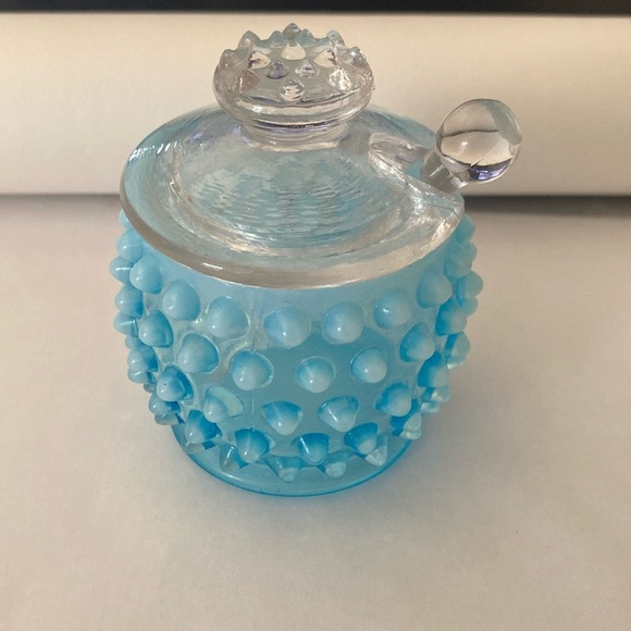 Fenton | Dining | Fenton Blue Opalescent Glass Hobnail Mustard Jar With ...